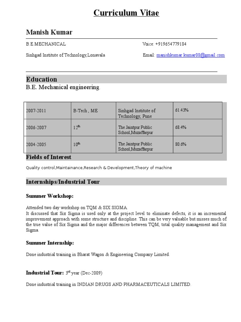 Curriculum Vitae: Manish Kumar | PDF | Science Technology Engineering And Mathematics | Engineering