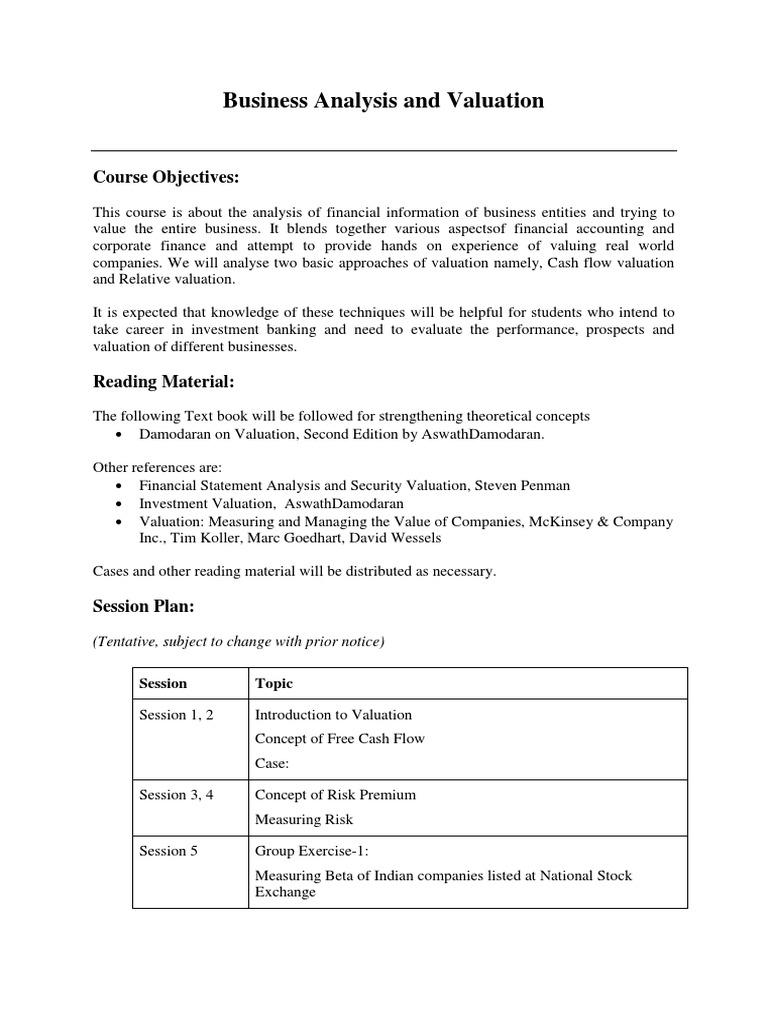 Business Analysis and Valuation: Course Objectives | PDF | Career ...