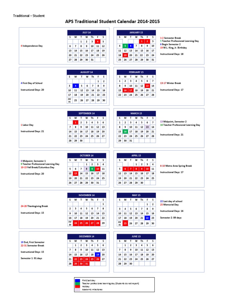 APS Traditional Student Calendar 2014-2015 | PDF | Academic Term | Festival