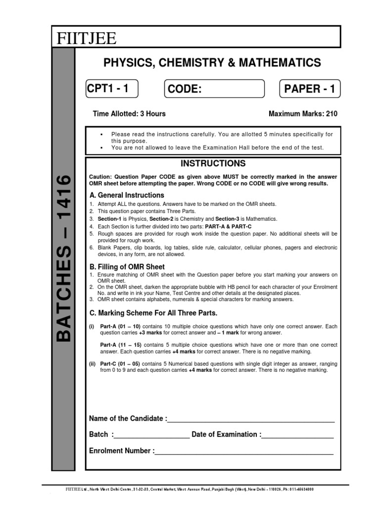 Fiitjee Phase Test 1 (Class 11th), Jee Advance Paper 1 | PDF | Force ...