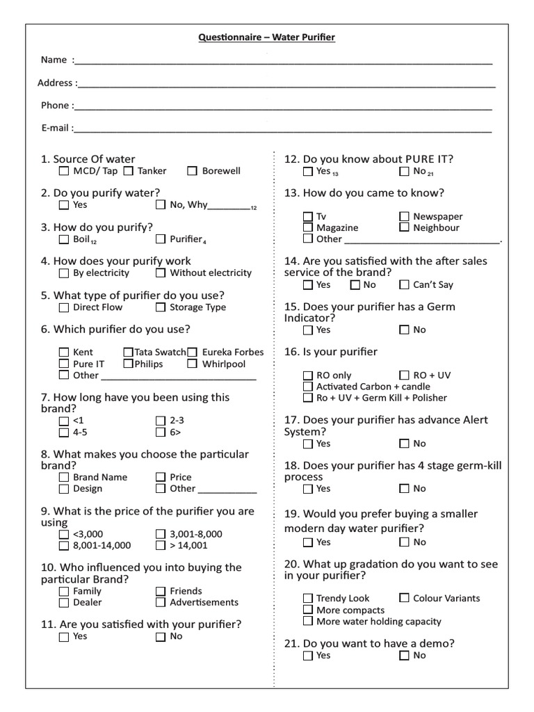 Ques Onnaire - Water Purifier | PDF | Brand | Business Economics