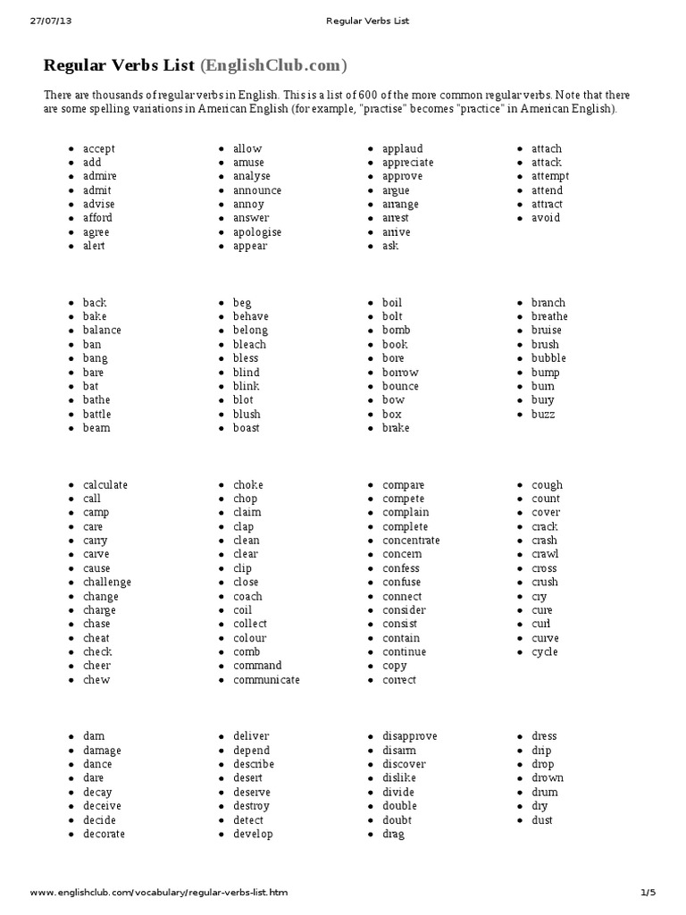 Regular Verbs List | PDF