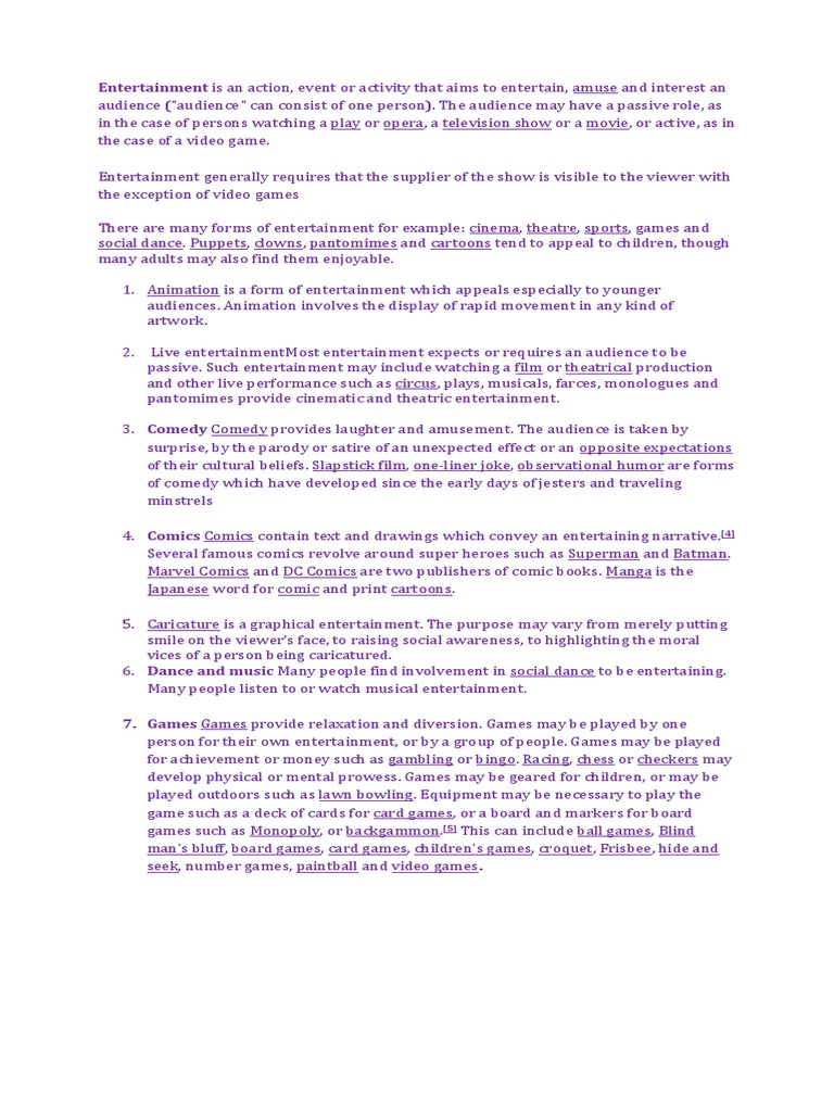 Types of Entertainment Explained | PDF | Entertainment | Leisure