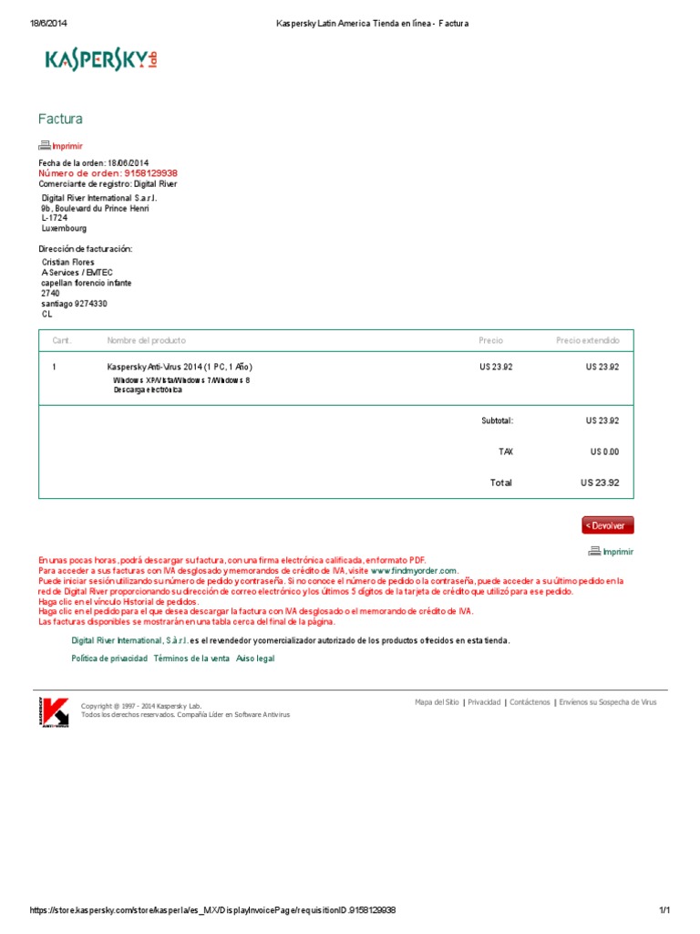 Factura Kaspersky Anti-Virus 2014 | PDF