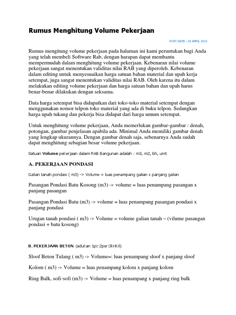 Rumus Menghitung Volume Pekerjaan | PDF | Metode & Bahan Ajar