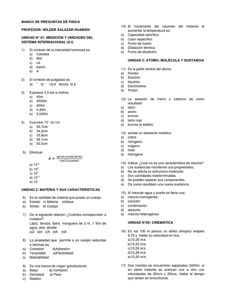 Banco de Preguntas - Fisica | PDF | Carbón | Bronce