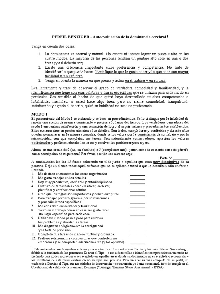 Prueba Benziger | PDF | Conceptos psicologicos | Cognición