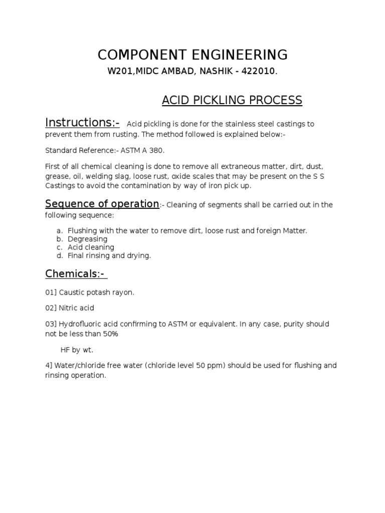 Component Engineering: Acid Pickling Process Instructions | PDF