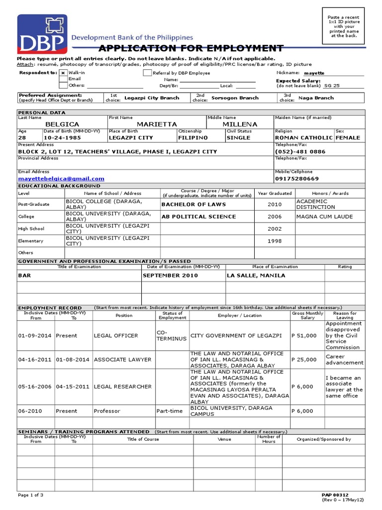 DBP Employment Application Form | PDF | Business