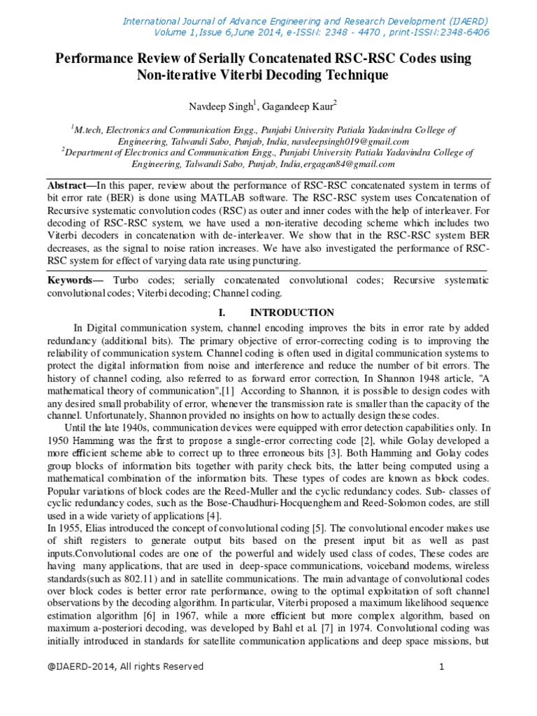 Performance Review of Serially Concatenated RSC-RSC Codes Using Non-Iterative Viterbi Decoding ...