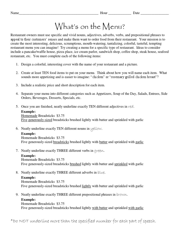 August Project Parts of Speech Menu | PDF | Adverb | Adjective