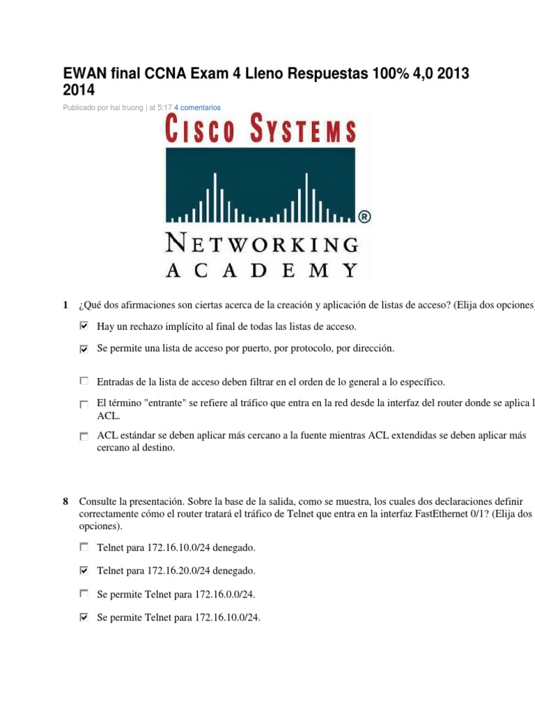 EWAN Final CCNA Exam 4 Lleno Respuestas 100 | PDF | Enrutador (Computación) | Yo Pv6