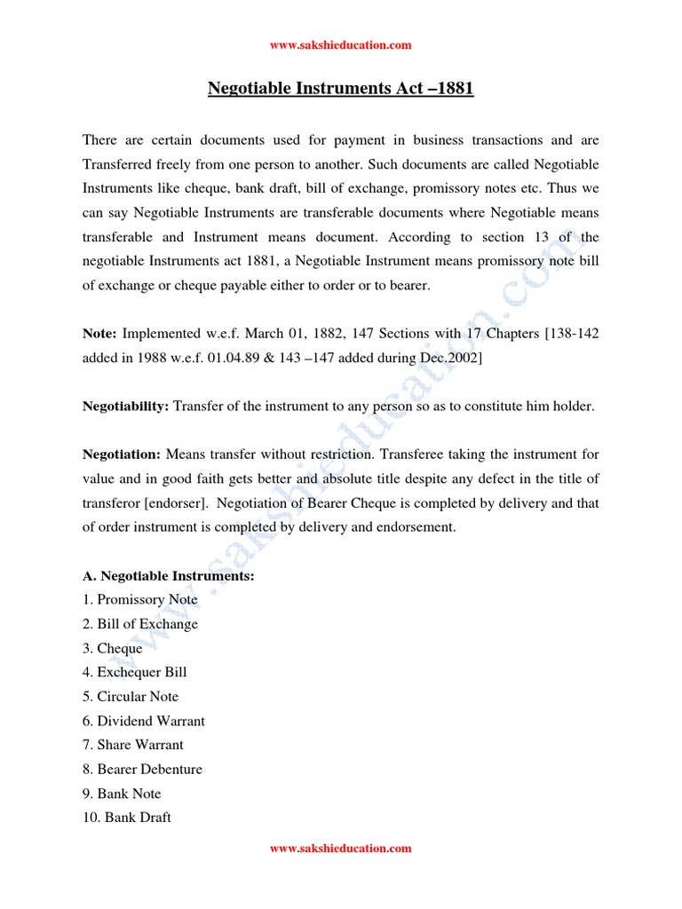 Negotiable Instruments | Download Free PDF | Negotiable Instrument | Cheque