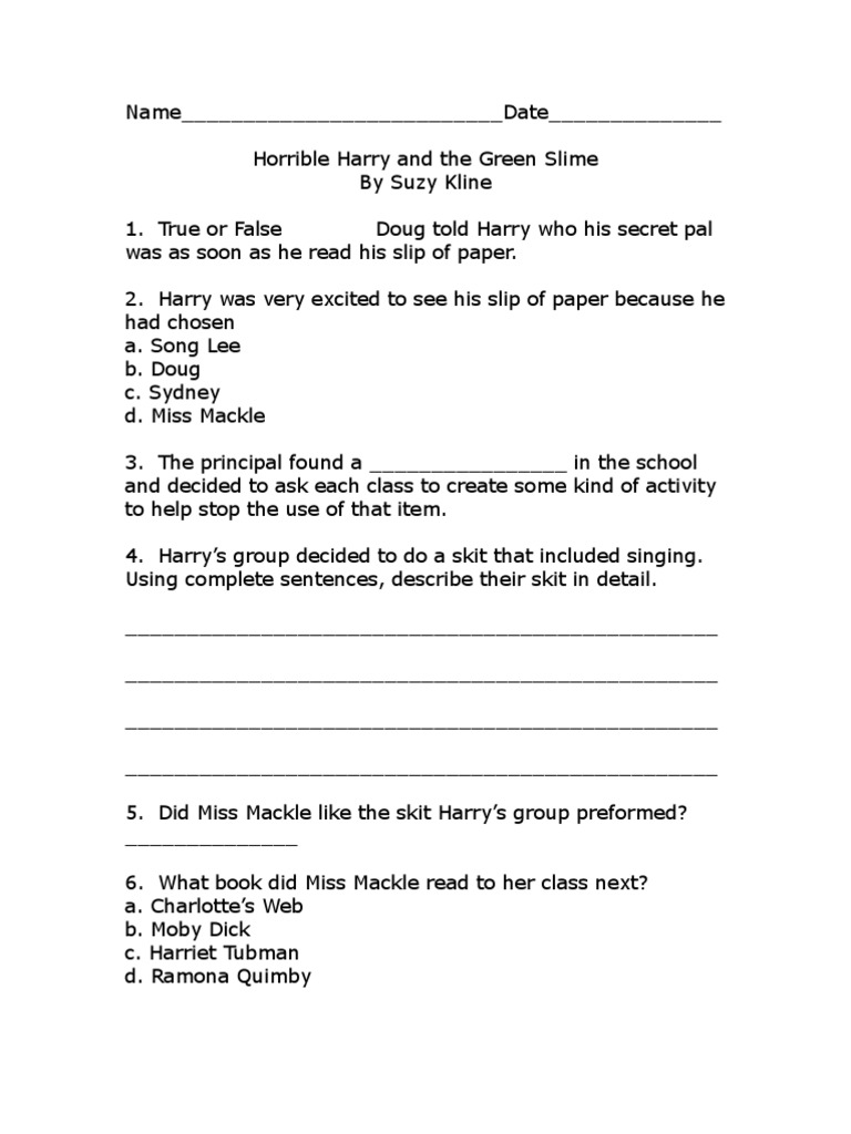 Horrible Harry Class Activities | PDF