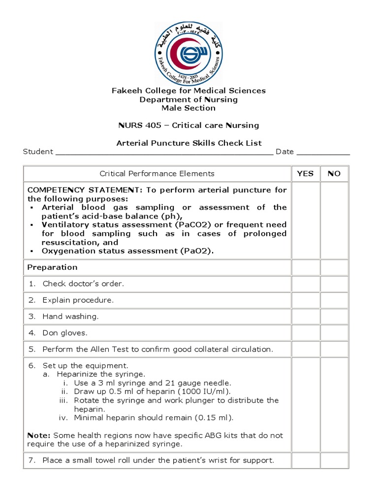 Arterial Puncture Checklist | PDF | Medicine | Medical Specialties