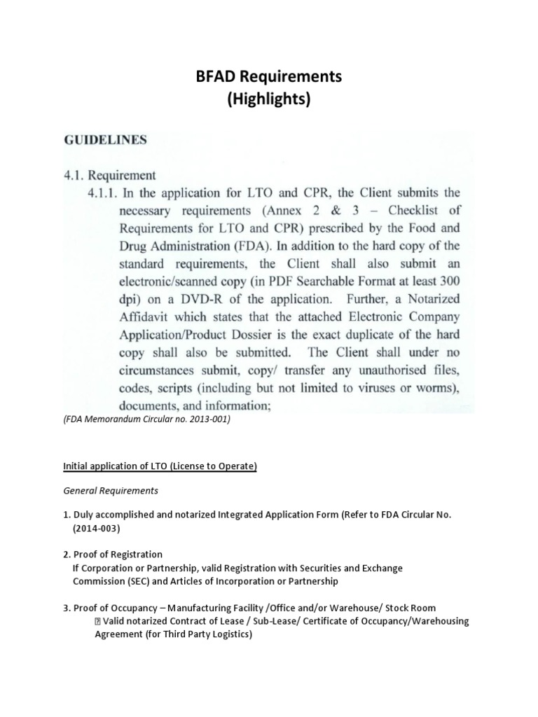 BFAD Requirements(Highlights) | Warehouse | Notary Public