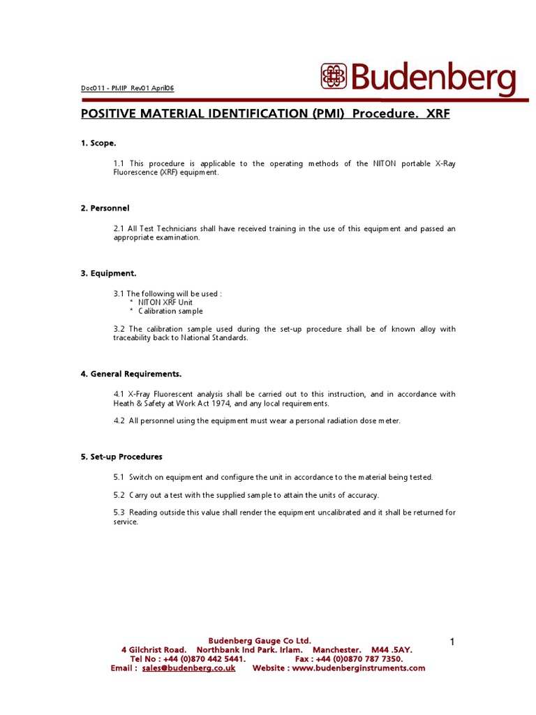 Positive Material Identification (Pmi) Procedure. XRF: Doc011 - PMIP ...