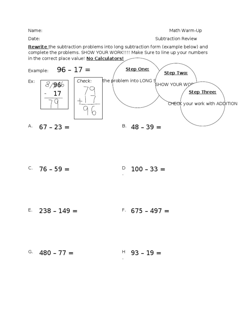 Long Form Subtraction Practice | PDF