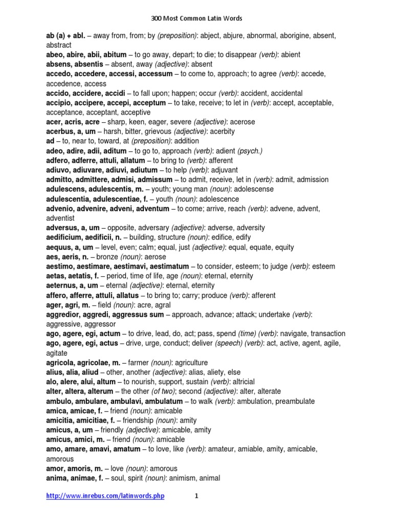 300 Most Common Latin Words | PDF | Verb | Adjective
