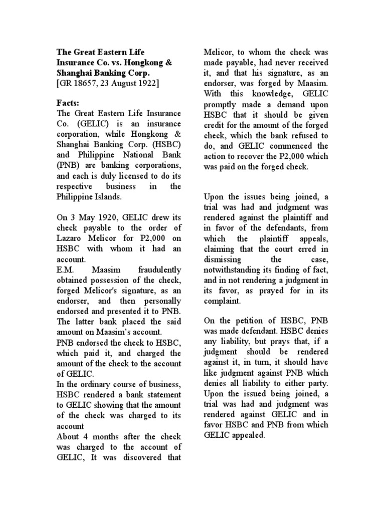 The Great Eastern Life Insurance Co Vs HSBC and PNB-final Digest | PDF ...