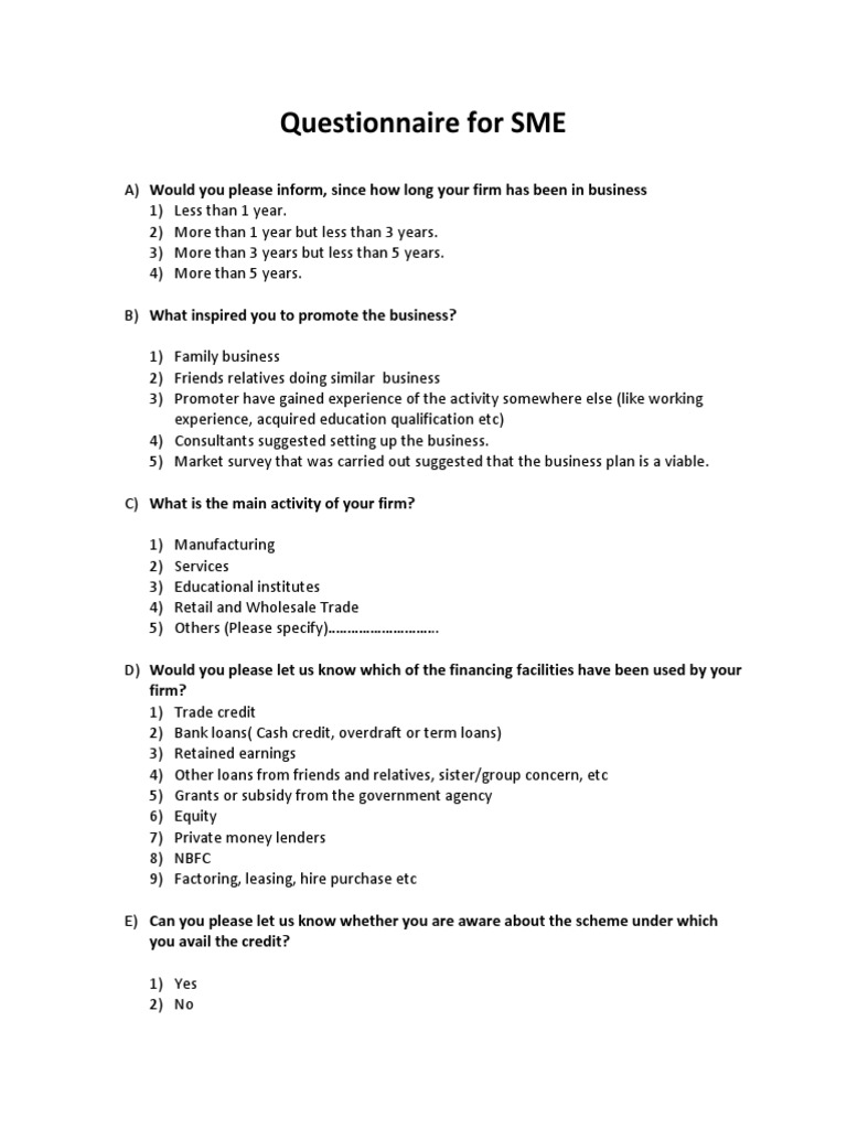 Questionnaire For SME | PDF | Credit | Finance & Money Management