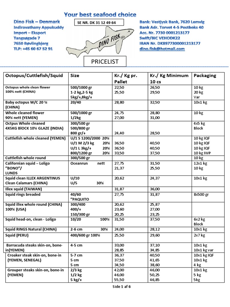 Seafood Price List and Options | PDF | Cooking, Food & Wine