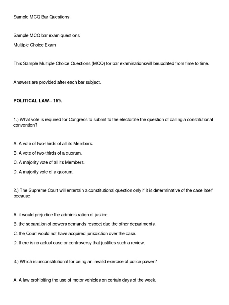 Sample Bar Exam MCQs with Answers | PDF | Plea | Arraignment