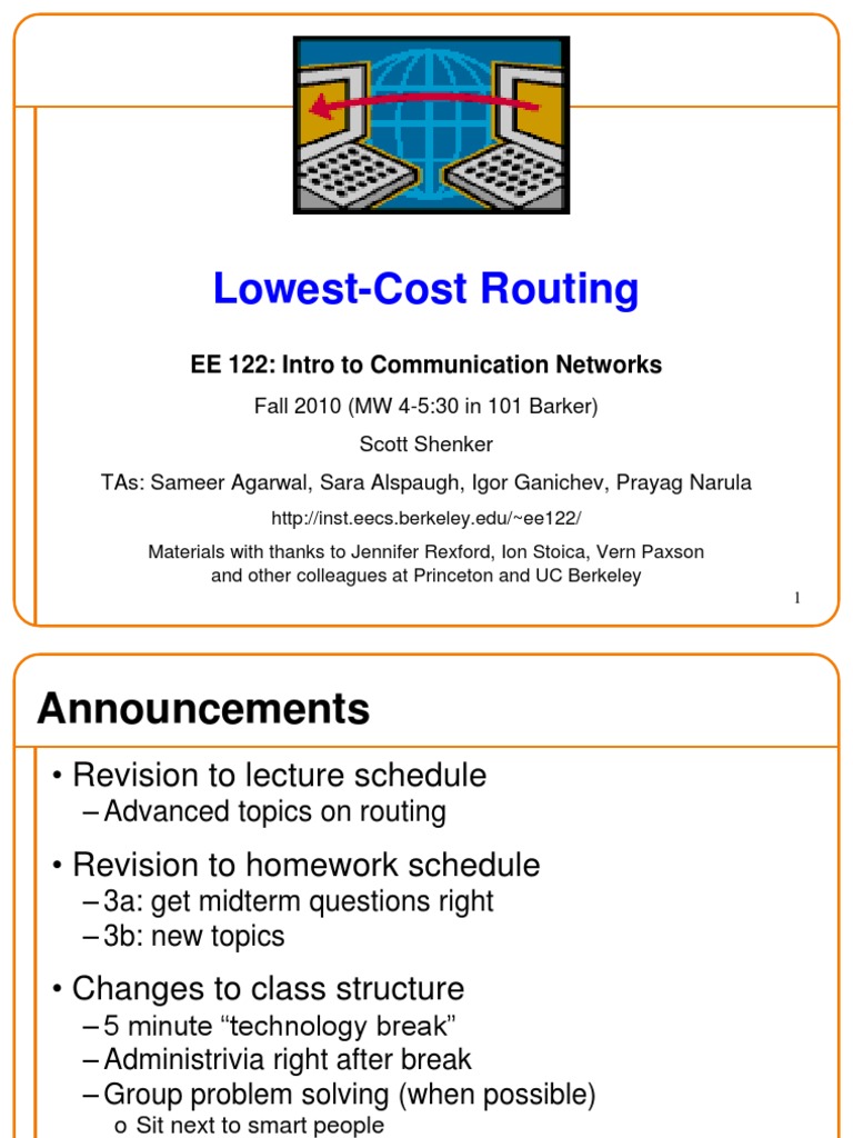 Lowest-Cost Routing: EE 122: Intro To Communication Networks | PDF | Routing | Communications ...