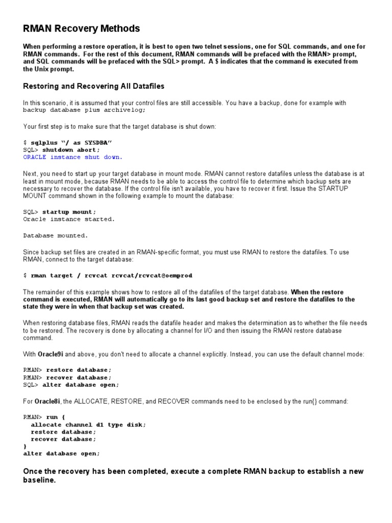 RMAN Recovery Methods: Restoring and Recovering All Datafiles | PDF