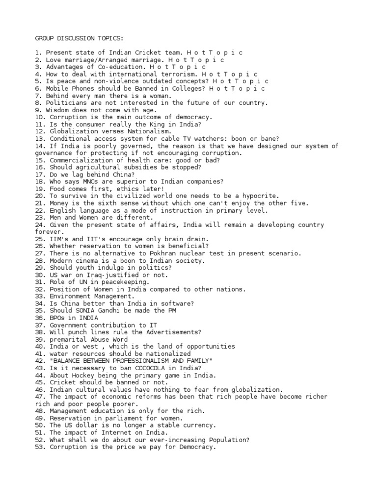 GROUP DISCUSSION TOPICS: 1. Present State of Indian Cricket Team. | PDF ...