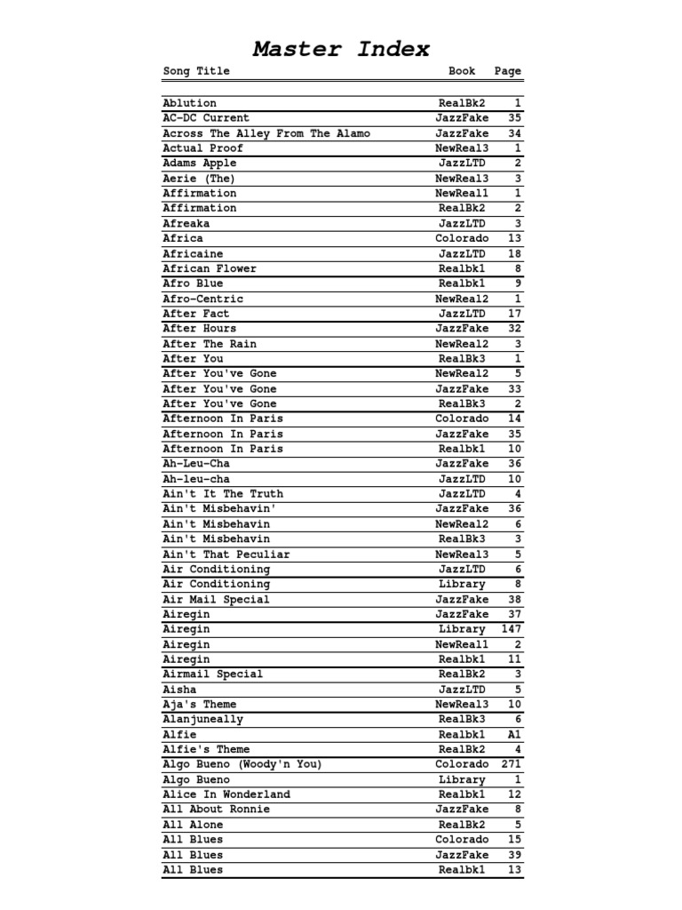Real Book Index | Jazz Music | Leisure