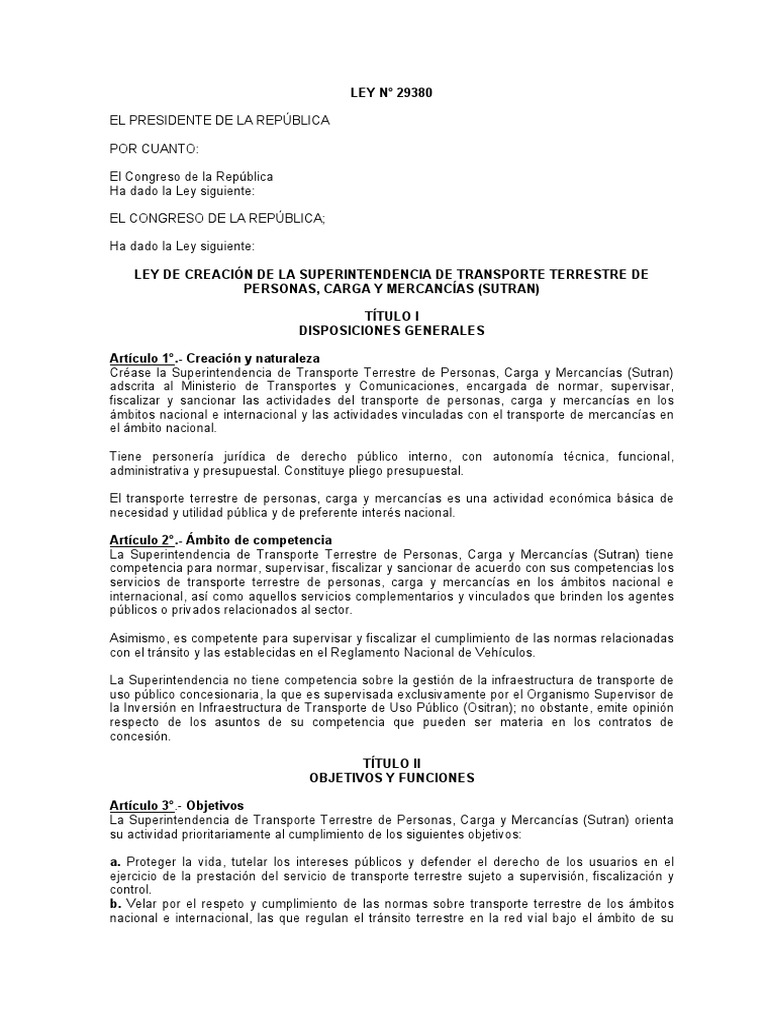Creacion De Sutran Pdf Pdf Regulación Transporte