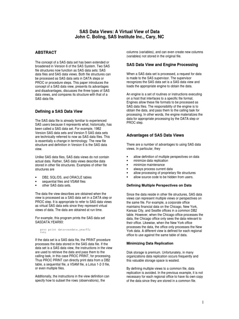 SAS Data Views: A Virtual View of Data John C. Boling, SAS Institute ...