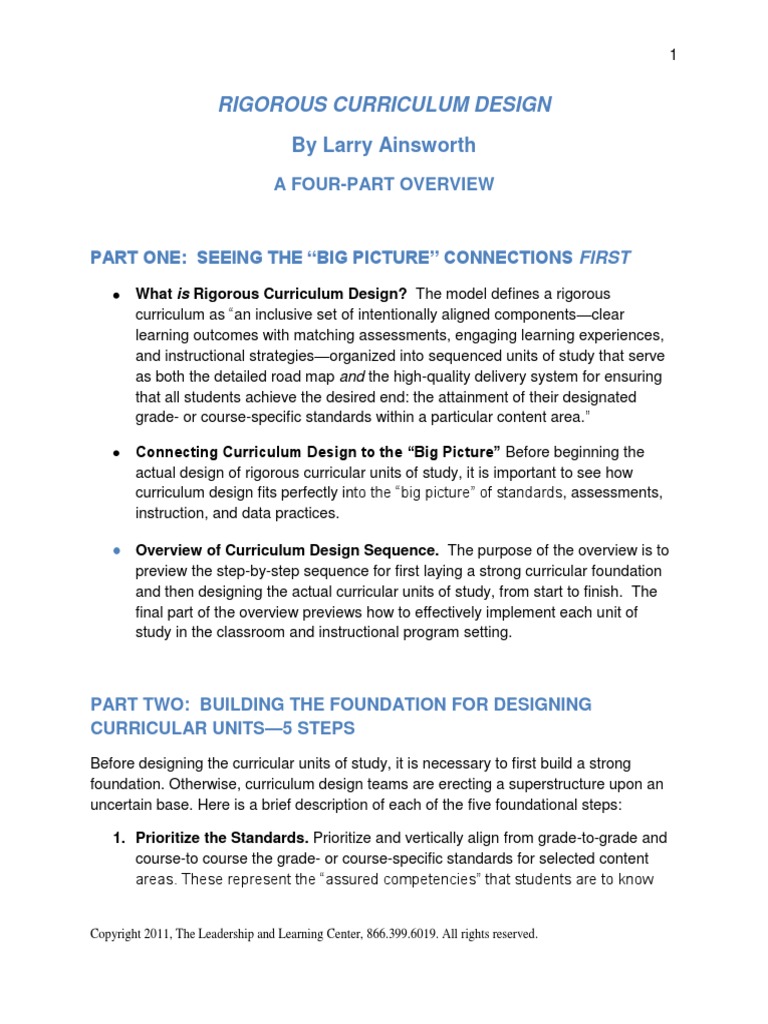 Rigorous Curriculum Design Ainsworth a Four-part Overview Part One ...