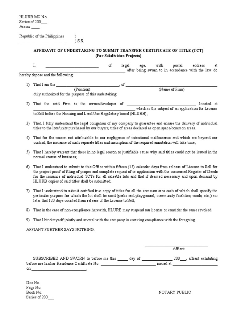 Affidavit of Undertaking To Submit Transfer Certificate of Title (TCT ...