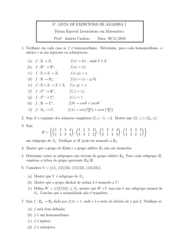 Exercícios de Álgebra | Grupo (Matemática) | Teoria de grupo
