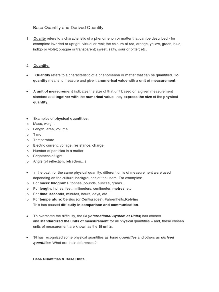 Base Quantity and Derived Quantity | PDF | Units Of Measurement | Measurement