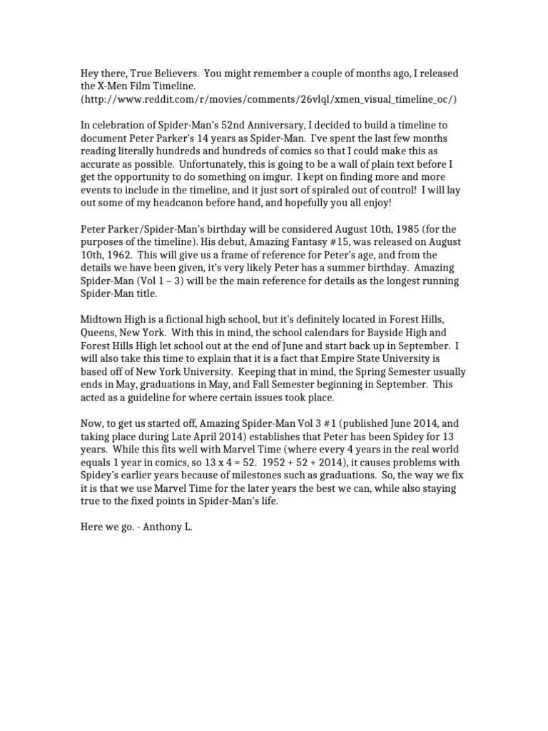 Spider-Man (616) 52nd Anniversary Sliding Timeline | Spider Man ...