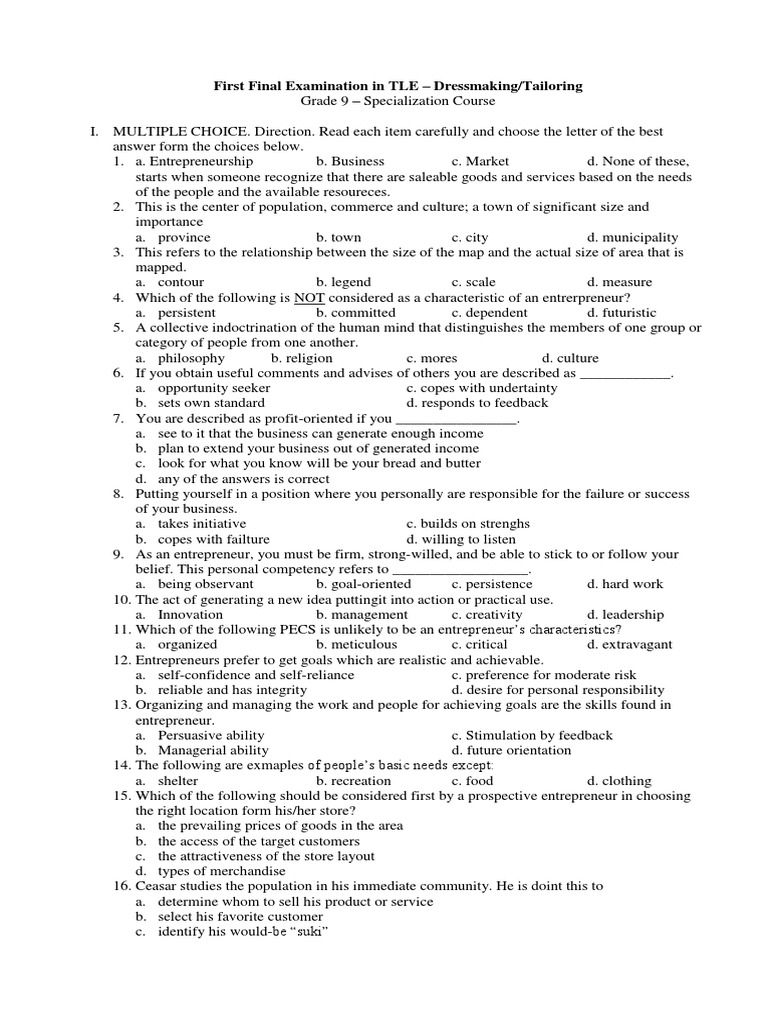 First Final Examination in TLE | Entrepreneurship | Color