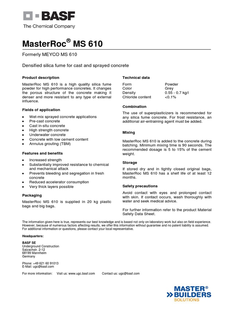 MasterRoc MS 610: Silica Fume for Concrete | PDF