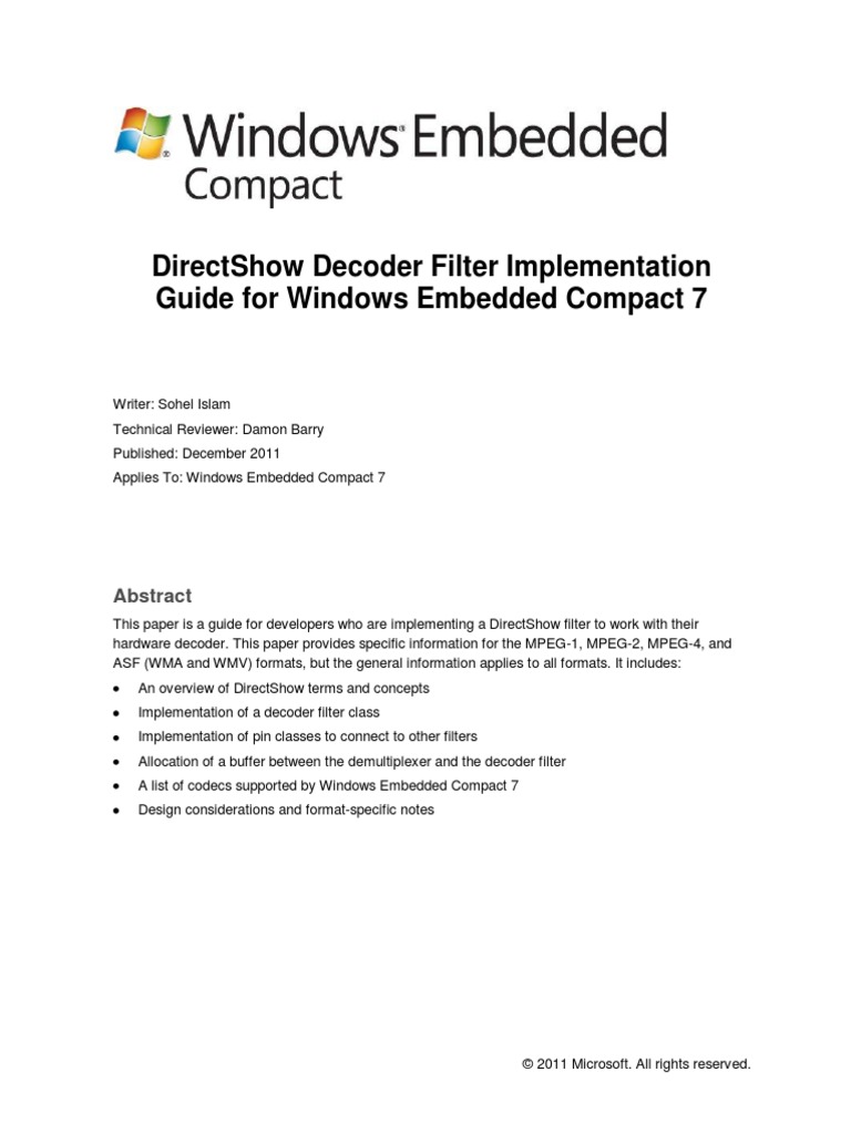Directshow Decoder Filter Implementation Guide For Windows Embedded Compact 7 Pdf Data
