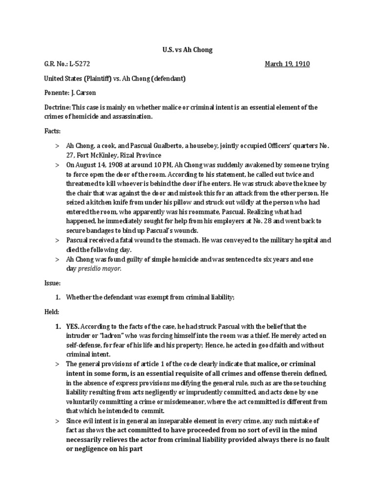 US Vs Ah Chong (Digest) | Intention (Criminal Law) | Crime & Violence