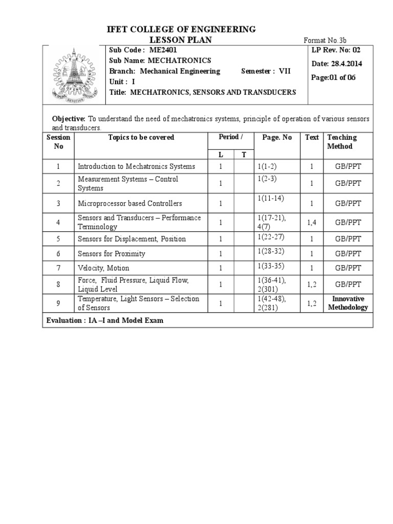 Lesson Plan Mechatronics | PDF | Servomechanism | Electrical Components