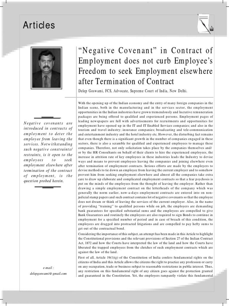 Negative Covenant in Contract of Employment | PDF | Restraint Of Trade ...