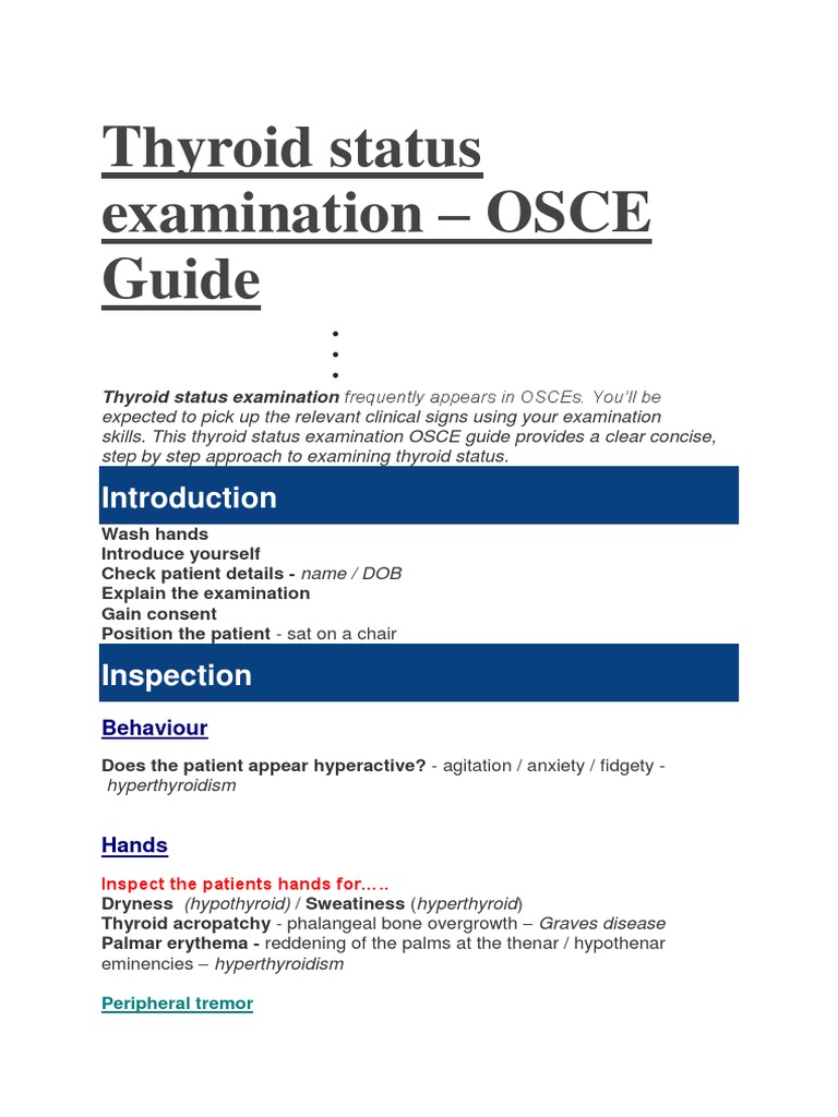 Thyroid Examination OSCE Guide | PDF | Hyperthyroidism | Neck