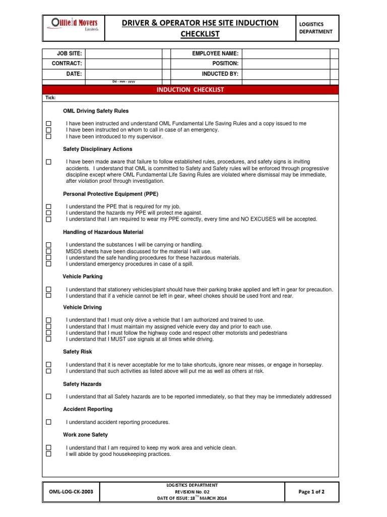 Driver & Operator HSE Induction Checklist - (OML-HSE-CK-3001) | PDF ...