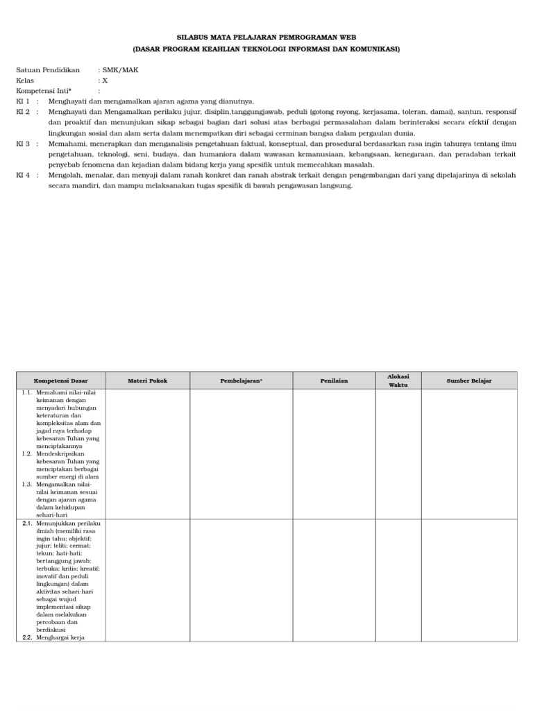 Silabus C2 Pemrograman Web Kelas X | PDF | Karier & Perkembangan