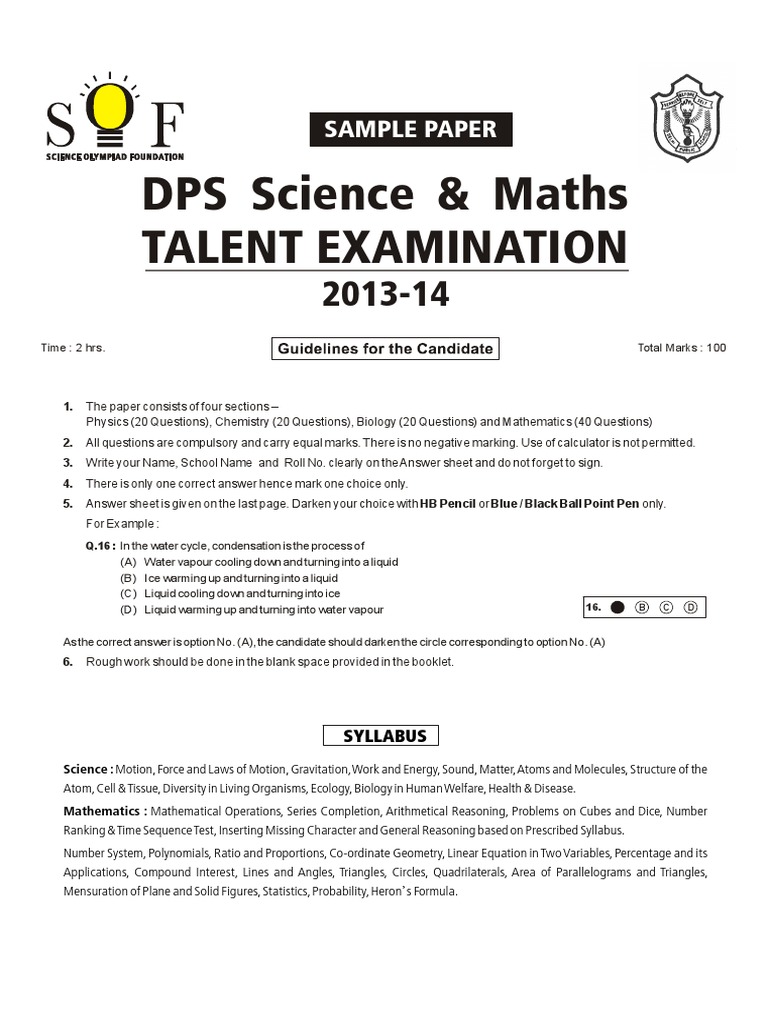 SAMPLE-PAPER of Dps SC and Maths | PDF