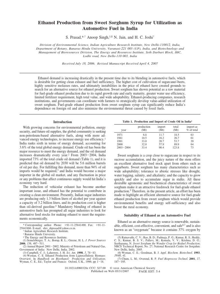 Ethanol Production From Sweet Sorghum Syrup For Utilization As ...