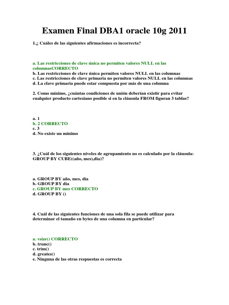 Examen Oracle 10g: Respuestas Correctas 2011 | PDF | SQL | Tabla (base de datos)